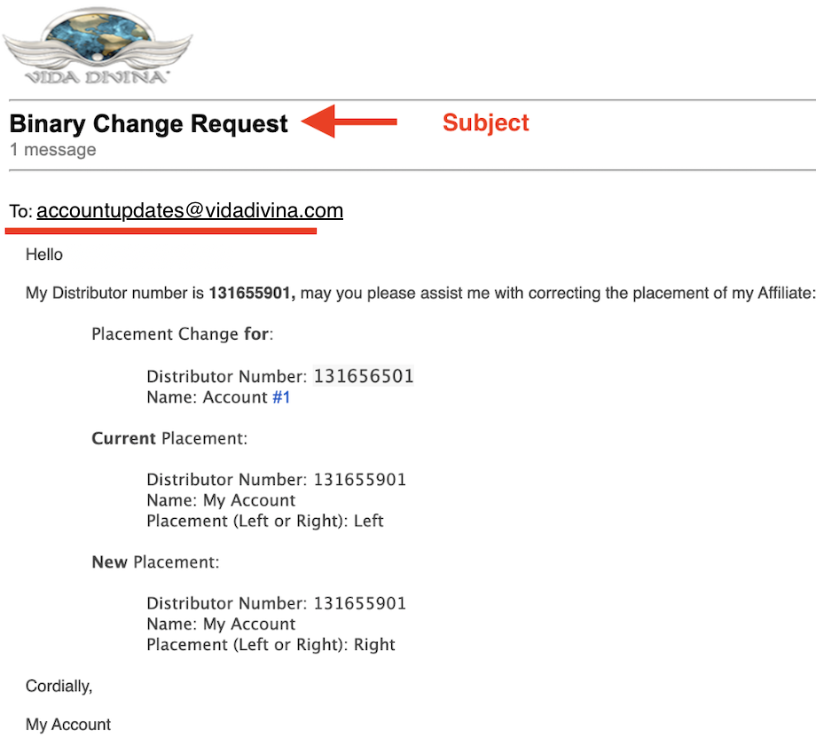 Binary/Placement Change Request – Vida Divina